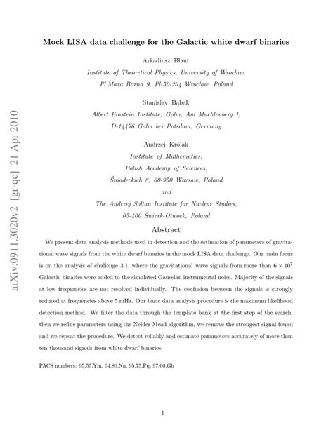 Pdf Mock Lisa Data Challenge For The Galactic White Dwarf Binaries