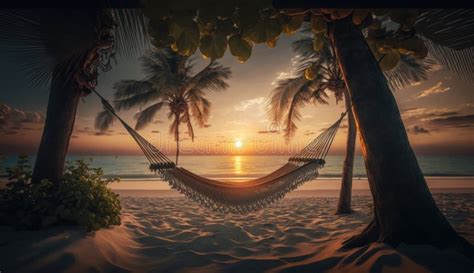 A Tropical Beach At Sunset With A Hammock Under A Palm Tree Generative Ai Stock Illustration