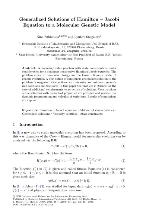 Pdf Generalized Solutions Of Hamilton Jacobi Equation To A Molecular Genetic Model