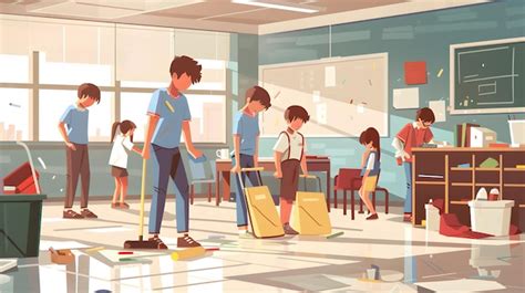 Teacher And Students Cleaning Up The Classroom Together Premium Ai Generated Image