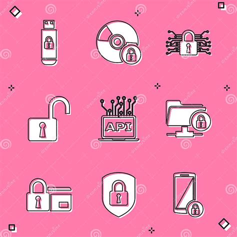 Set Usb Flash Drive With Lock Cd Or Dvd Disk Cyber Security Open Padlock Computer Api