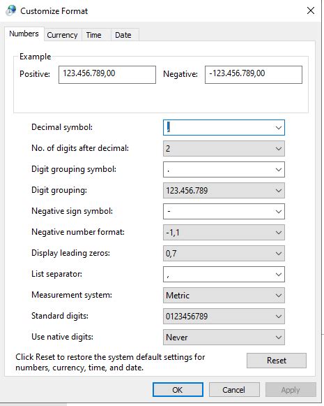 need to make comma as decimal separator and dot as microsoft