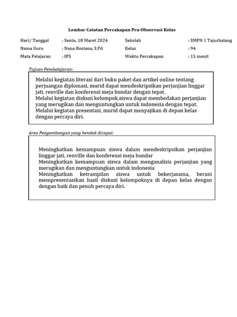 Lembar Catatan Percakapan Pra Observasi Kelas Pdf Karier And Perkembangan