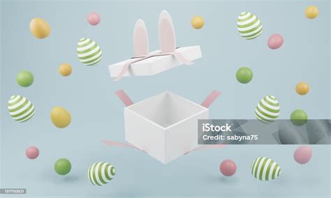 행복한 부활절 귀여운 만화 부활절 구성 상품에 대 한 빈 선물 오픈 상자 토끼 귀와 섬세한 배경에 계란을 그린 3d 일러스트레이션 3차원 형태에 대한 스톡 사진 및 기타