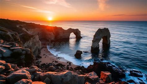 Ocean Sunset Arch Rocks Coastal Landscape Dramatic Sea View Stock