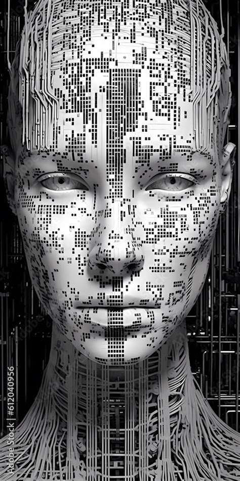 Cybernetic Portrait Woman Crafted From Circuits And White Material With Abstracted Sections