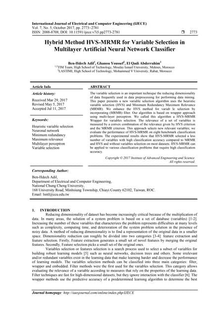 hybrid method hvs mrmr for variable selection in multilayer artificial