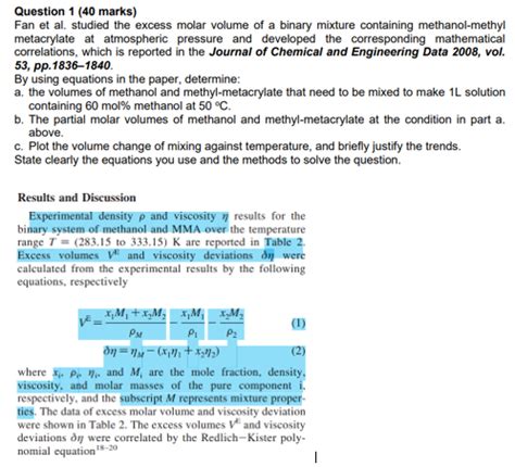 Solved Experimental density ρ and viscosity η results for Chegg com