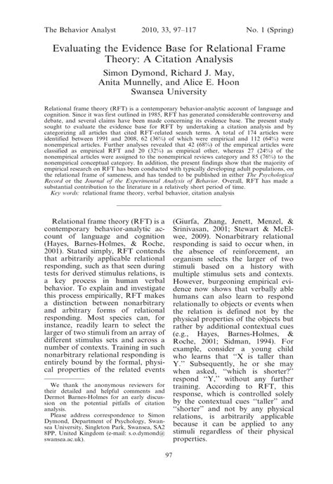 Pdf Evaluating The Evidence Base For Relational Frame Theory A Citation Analysis
