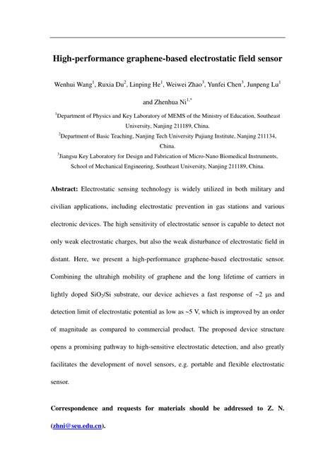 Pdf High Performance Graphene Based Electrostatic Field Sensor