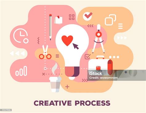 오피스와 창작 과정 제목와 분홍색 배경에 개념을 제공합니다 벡터의 큰 전구 컵 커피 연필 편지지와 아이콘의 컬러 일러스트 가위에 대한 스톡 벡터 아트 및 기타 이미지