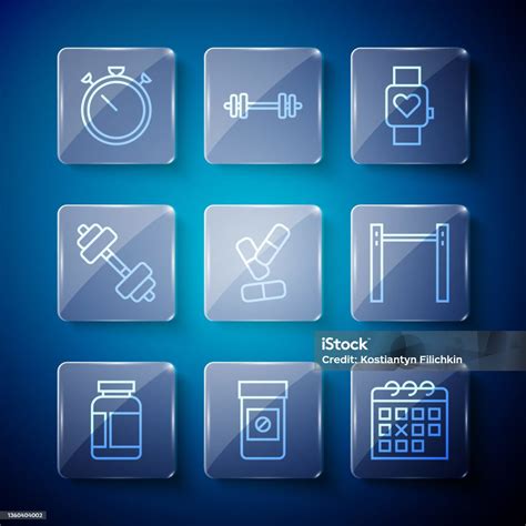 세트 라인 스포츠 영양 단백 동화 약물 캘린더 피트니스 스마트 시계 비타민 알약 아령 스톱워치 및 수평 바 아이콘 벡터 건강 진단에 대한 스톡 벡터 아트 및 기타 이미지