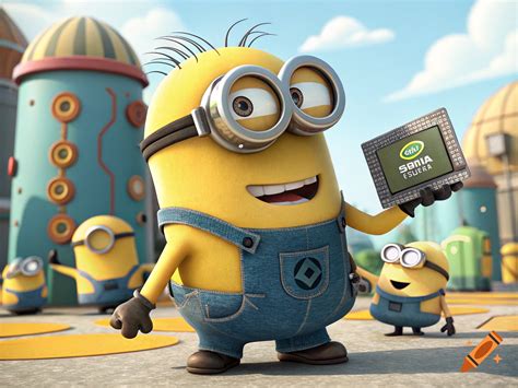A Minion Holding Up A Microchip In A Colorful Animated Scene On Craiyon