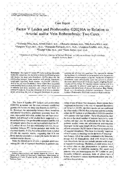 Pdf Factor V Leiden And Prothrombin G20210a In Relation To Arterial And Or Vein Rethrombosis