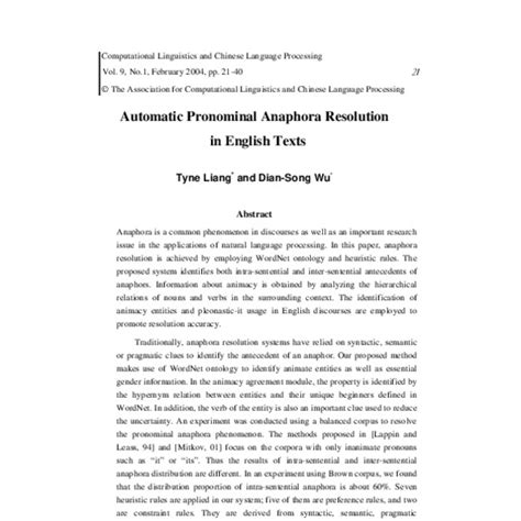 Automatic Pronominal Anaphora Resolution In English Texts Acl Anthology