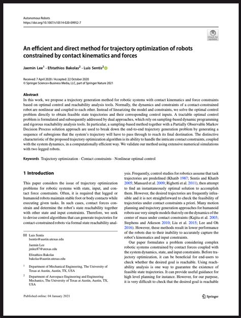 New Paper On Trajectory Generation For Humanoid Robots