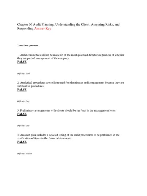 Answer Key Chapter 06 Audit Planning Understanding The Client Assessing Risks And Responding