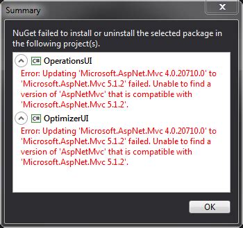 Net Unable To Update Nuget Package Microsoft Asp Net Mvc From Version To