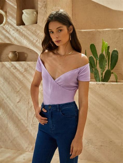 Solid Surplice Neck Rib Knit Bodysuit Comfy Jumpsuits