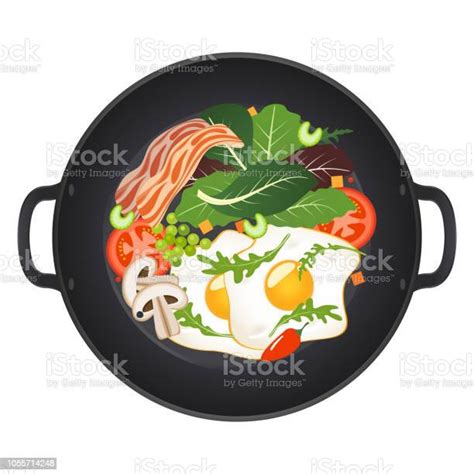 튀긴된 계란 베이컨 버섯 토마토와 양상추 평면도와 뜨거운 프라이팬 팬 흰색 배경에 고립 벡터 일러스트입니다 궁중팬에 대한 스톡