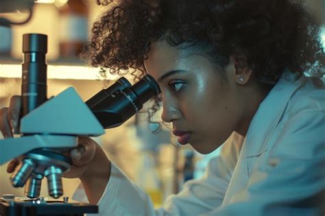 Focused Female Scientist Using A Microscope In A Laboratory Setting Premium Ai Generated Image