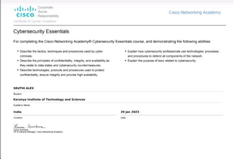 Sruthi Alex On Linkedin I Have Successfully Completed The Course Cybersecurity Essentials By Cisco