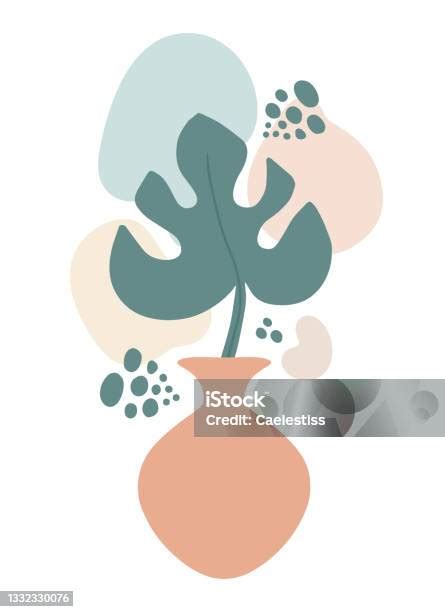 추상 식물 조성 콜라주 꽃병 야자잎 식물 분기 실루엣 불규칙한 유기 모양 의 방울 손으로 그린 낙서 현대 벽 예술 트렌디 한 미니멀 한 스타일 벡터가 격리되었습니다 0명에