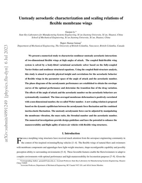 Pdf Unsteady Aeroelastic Characterization And Scaling Relations Of Flexible Membrane Wings