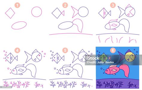 귀여운 물고기를 그리기위한 지침 물고기로 단계를 따르십시오 산호초를 그리는 법을 배우는 어린이를위한 워크 시트 그리기에 대한 스톡 벡터 아트 및 기타 이미지 Istock