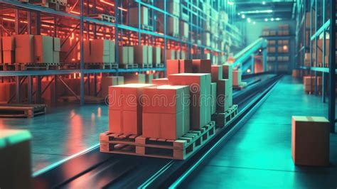 Modern Warehouse With Colorful Lighting Boxes On Pallets Move Along Conveyor Belt Many Boxes