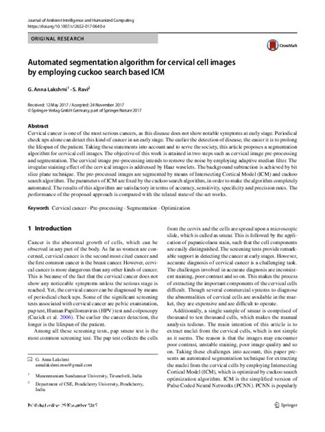 Pdf Automated Segmentation Algorithm For Cervical Cell Images By Employing Cuckoo Search Based Icm
