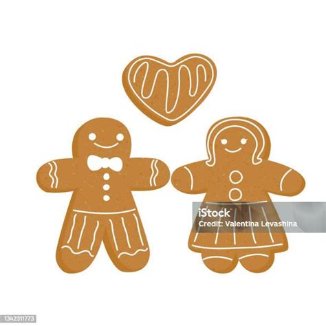 진저 브레드 남자 사랑 사람의 모양에 크리스마스 새해 생강 쿠키 휴일을위한 갈색 후추 케이크 세트 유약받은 남자 흰색 배경에 격리 된 스톡 벡터 플랫 만화 일러스트레이션 0