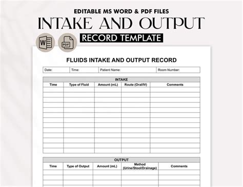 Printable Fluid Intake And Output Record Template Nursing And Healthcare Tracker Patient Care Log
