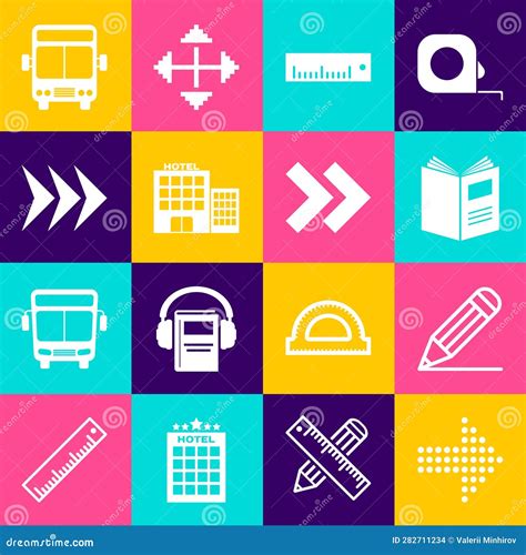 Set Dots Arrow Pencil And Line Open Book Ruler Hotel Building Arrow Bus And Icon Vector