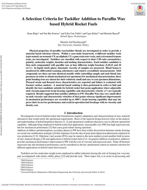 Pdf Selection Criteria For Tackifier Addition To Paraffin Wax Based Hybrid Rocket Fuels