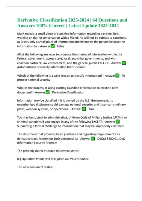 Derivative Classification 64 Questions And Answers 100 Correct Latest Update Derivative