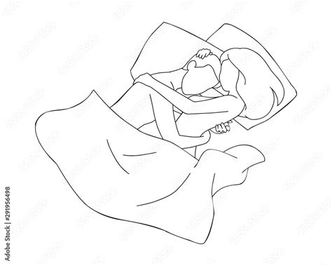 Line Art Loving Young Couple In Bed Vector Illustration Isolated