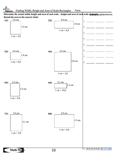 finding width height and area of scale rectangles math worksheet with