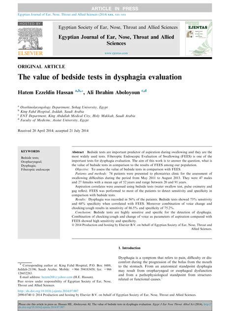 Pdf The Value Of Bedside Tests In Dysphagia Evaluation