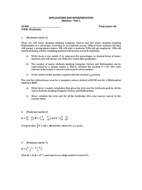Matrices Test 1 Pdf Matrix Mathematics Matrix Theory