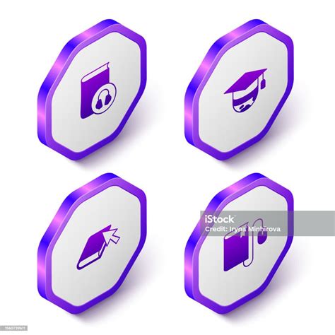 아이소메트릭 오디오 북 지구본의 졸업 캡 온라인 및 전자를 마우스 아이콘으로 설정합니다 보라색 육각형 버튼 벡터 3차원 형태에 대한 스톡 벡터 아트 및 기타 이미지 Istock