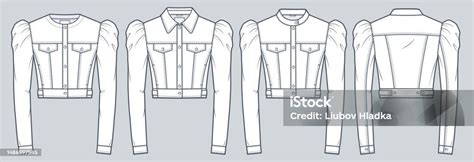 크롭 데님 재킷 테크니컬 패션 일러스트레이션 퍼프 슬리브 재킷 패션 플랫 기술 도면 템플릿 버튼 다운 포켓 슬림 핏 전면 및 후면보기 흰색 여성 Cad 모형 세트 0명에