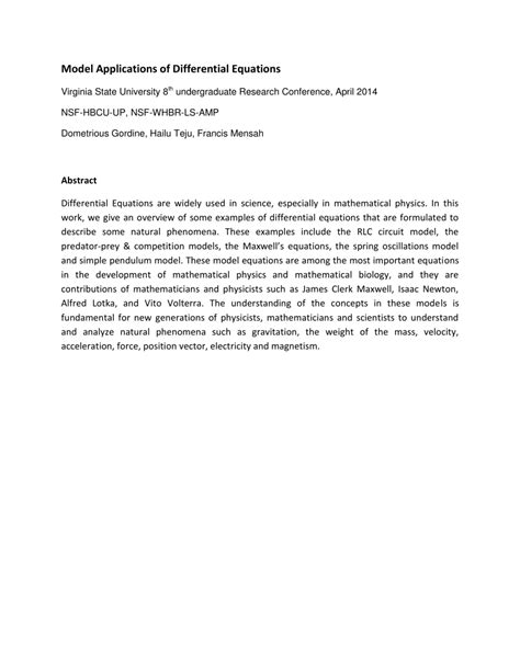Pdf Model Applications Of Differential Equations