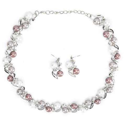 Buumin Women Faux Pearl Necklace Earrings Set Bridal Jewelry Set With