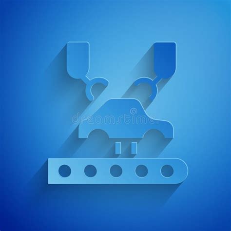 Paper Cut Industrial Machine Robotic Robot Arm Hand On Car Factory Icon Isolated On Blue