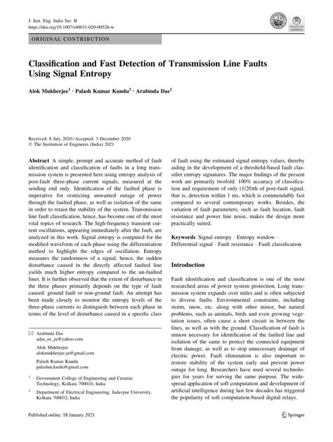 Pdf Classification And Fast Detection Of Transmission Line Faults Using Signal Entropy
