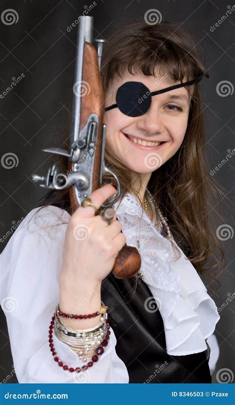 Girl Pirate With Pistol In Hand And Eye Patch Stock Image Image Of