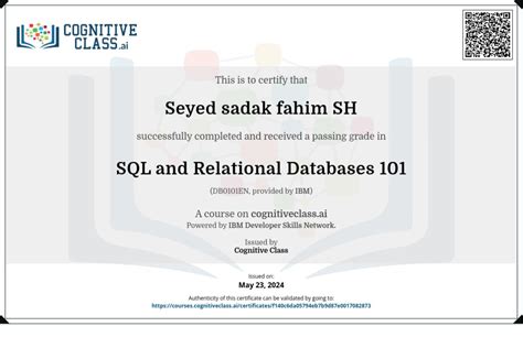 Sadak Fahim On Linkedin Ibm Db0101en Certificate Cognitive Class