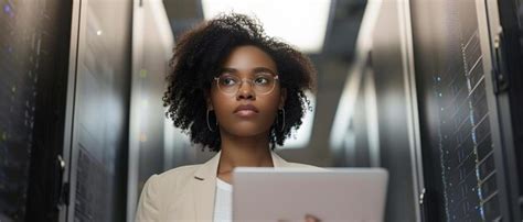 Premium Photo A Woman In A Server Room Looking At A Tablet