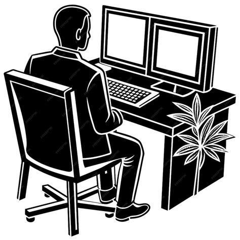 A Man Sits At A Desk In Front Of A Computer Monitor Premium Ai Generated Vector